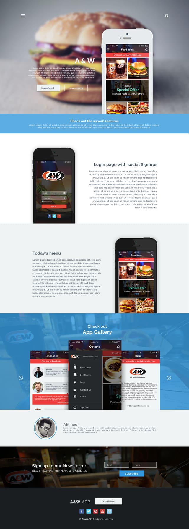 A&W App Landing Page HTML Template | Free HTML5 Templates